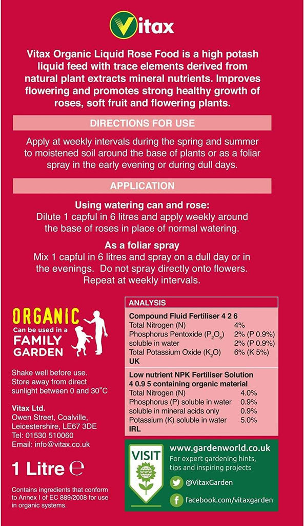 Vitax Organic Liquid Rose Feed 1 Litre 6LRF1 – Trowell Garden Centre